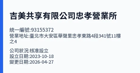 吉美共享有限公司忠孝營業所的照片-統編 93155372(臺北市) 公司登記資料與營業項目詳細圖表