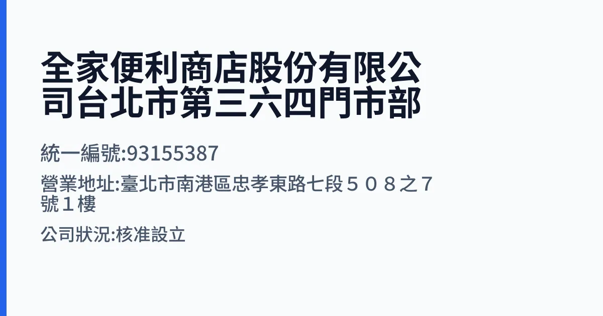 全家便利商店股份有限公司台北市第三六四門市部 - 統編 93155387(臺北市) 公司登記資料與營業項目詳細圖表