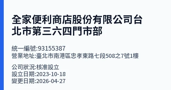 全家便利商店股份有限公司台北市第三六四門市部的照片-統編 93155387(臺北市) 公司登記資料與營業項目詳細圖表