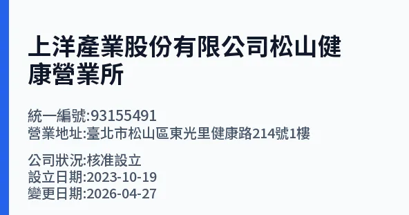 上洋產業股份有限公司松山健康營業所的照片-統編 93155491(臺北市) 公司登記資料與營業項目詳細圖表
