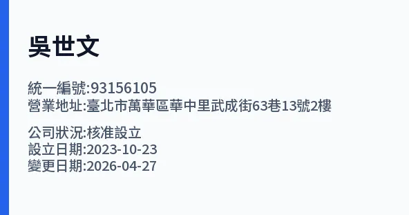 吳世文的照片-統編 93156105(臺北市) 公司登記資料與營業項目詳細圖表