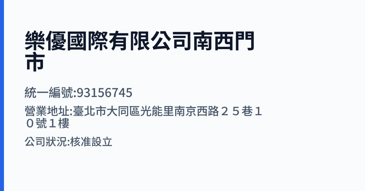 樂優國際有限公司南西門市 - 統編 93156745(臺北市) 公司登記資料與營業項目詳細圖表
