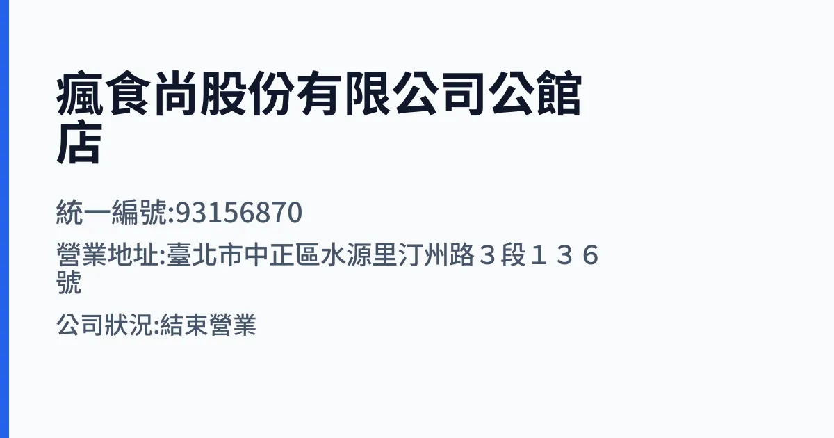 瘋食尚股份有限公司公館店 - 統編 93156870(臺北市) 公司登記資料與營業項目詳細圖表