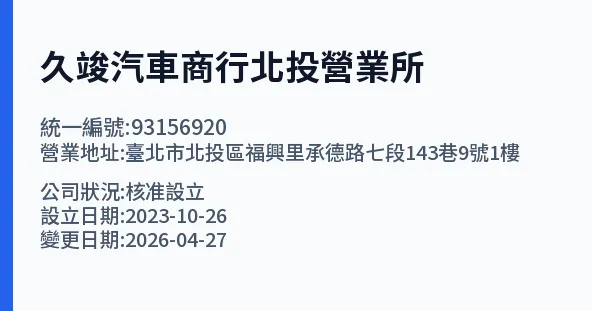 久竣汽車商行北投營業所的照片-統編 93156920(臺北市) 公司登記資料與營業項目詳細圖表