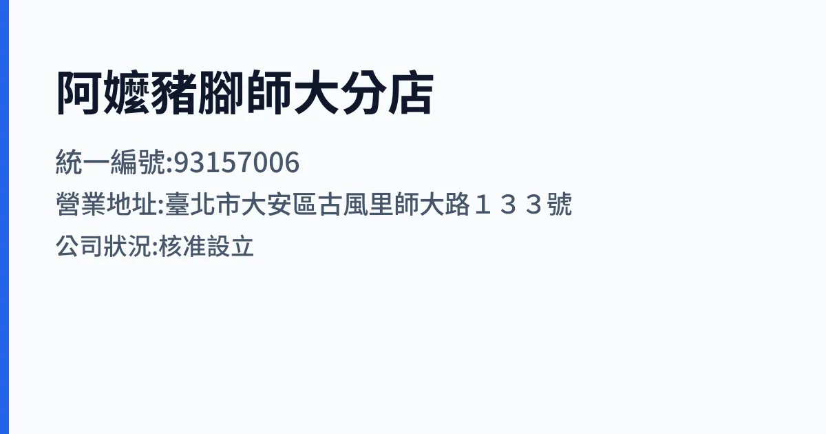 阿嬤豬腳師大分店 - 統編 93157006(臺北市) 公司登記資料與營業項目詳細圖表