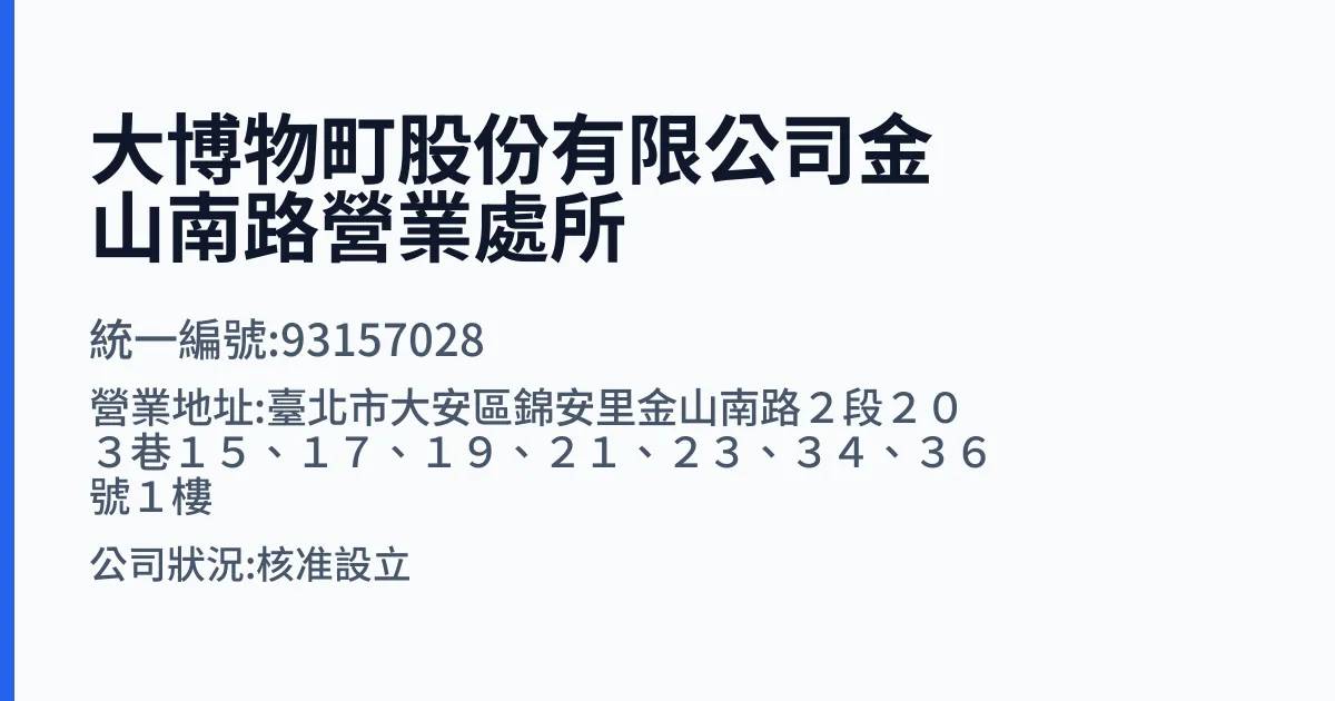 大博物町股份有限公司金山南路營業處所 - 統編 93157028(臺北市) 公司登記資料與營業項目詳細圖表