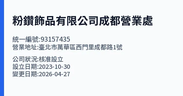 粉鑽飾品有限公司成都營業處的照片-統編 93157435(臺北市) 公司登記資料與營業項目詳細圖表