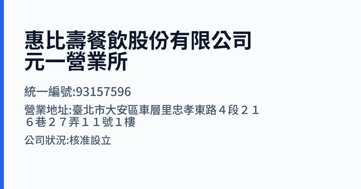惠比壽餐飲股份有限公司元一營業所 - 統編 93157596(臺北市) 公司登記資料與營業項目詳細圖表