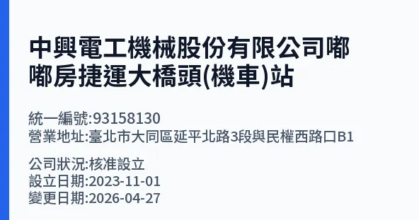 中興電工機械股份有限公司嘟嘟房捷運大橋頭(機車)站的照片-統編 93158130(臺北市) 公司登記資料與營業項目詳細圖表