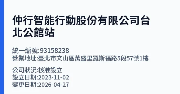 仲行智能行動股份有限公司台北公館站的照片-統編 93158238(臺北市) 公司登記資料與營業項目詳細圖表