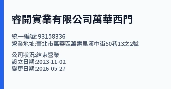 睿開實業有限公司萬華西門的照片-統編 93158336(臺北市) 公司登記資料與營業項目詳細圖表