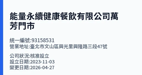 能量永續健康餐飲有限公司萬芳門市的照片-統編 93158531(臺北市) 公司登記資料與營業項目詳細圖表