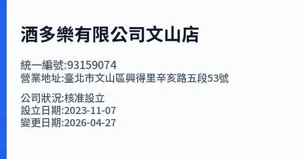 酒多樂有限公司文山店的照片-統編 93159074(臺北市) 公司登記資料與營業項目詳細圖表