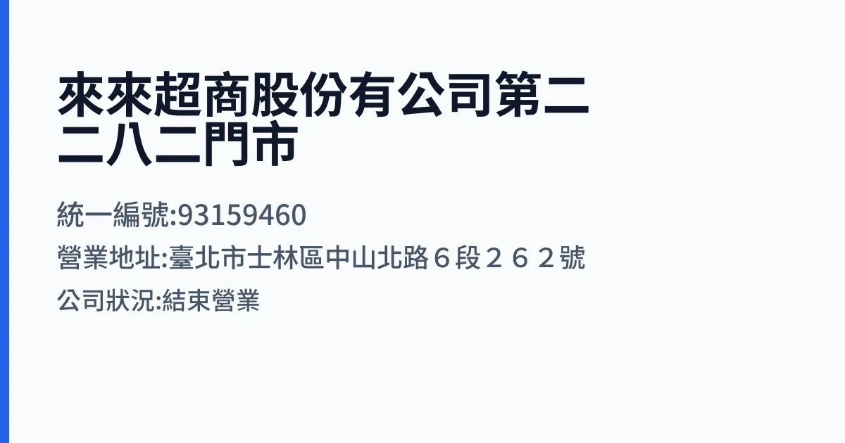 來來超商股份有公司第二二八二門市 - 統編 93159460(臺北市) 公司登記資料與營業項目詳細圖表