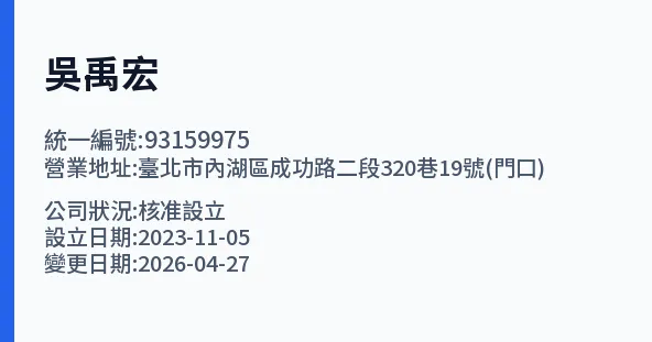 吳禹宏的照片-統編 93159975(臺北市) 公司登記資料與營業項目詳細圖表