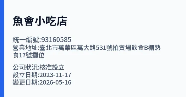 魚會小吃店的照片-統編 93160585(臺北市) 公司登記資料與營業項目詳細圖表