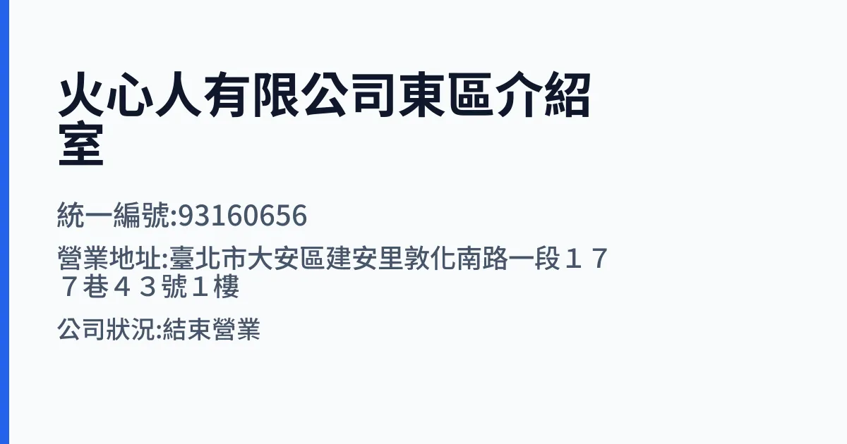 火心人有限公司東區介紹室 - 統編 93160656(臺北市) 公司登記資料與營業項目詳細圖表