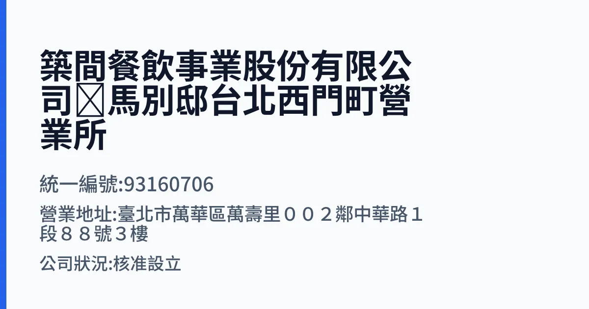 築間餐飲事業股份有限公司绘馬別邸台北西門町營業所 - 統編 93160706(臺北市) 公司登記資料與營業項目詳細圖表