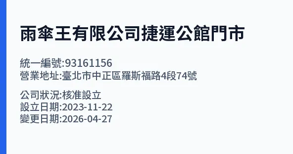 雨傘王有限公司捷運公館門市的照片-統編 93161156(臺北市) 公司登記資料與營業項目詳細圖表