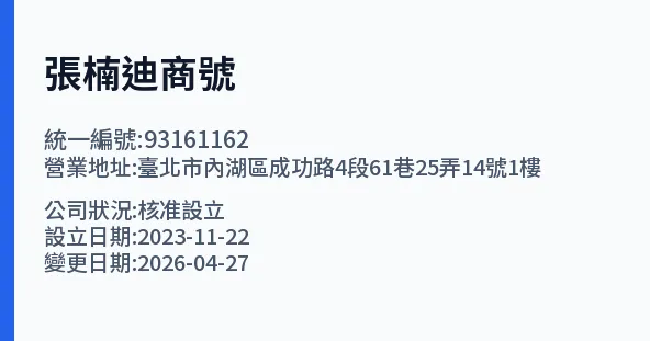 張楠迪商號的照片-統編 93161162(臺北市) 公司登記資料與營業項目詳細圖表