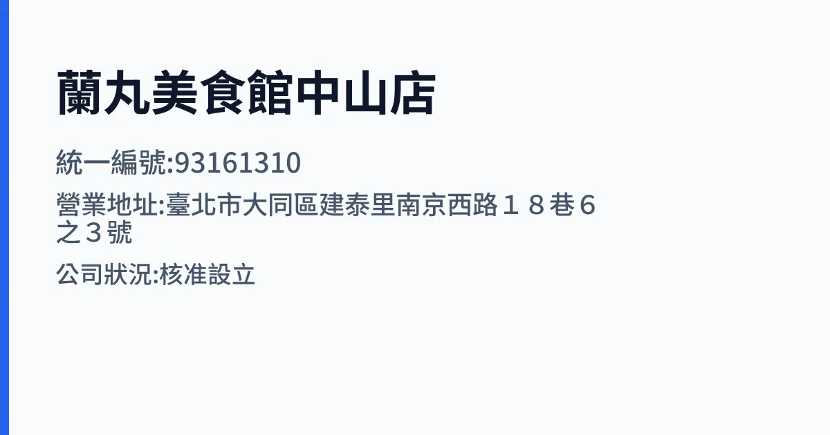 蘭丸美食館中山店 - 統編 93161310(臺北市) 公司登記資料與營業項目詳細圖表