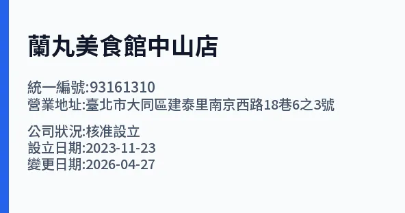 蘭丸美食館中山店的照片-統編 93161310(臺北市) 公司登記資料與營業項目詳細圖表