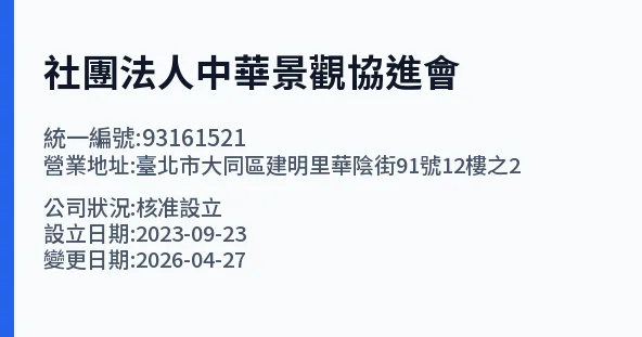 社團法人中華景觀協進會的照片-統編 93161521(臺北市) 公司登記資料與營業項目詳細圖表