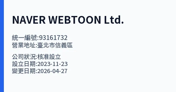 NAVER WEBTOON Ltd.的照片-統編 93161732(臺北市) 公司登記資料與營業項目詳細圖表