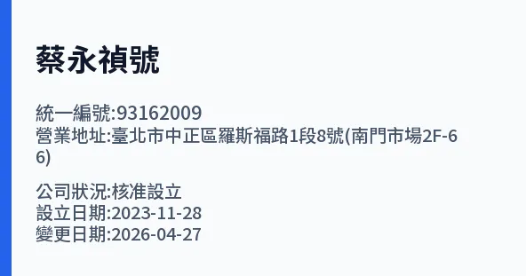 蔡永禎號的照片-統編 93162009(臺北市) 公司登記資料與營業項目詳細圖表