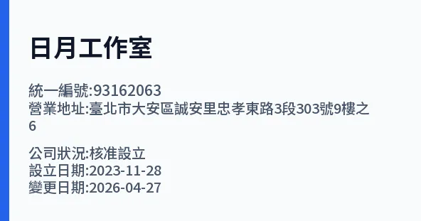 日月工作室的照片-統編 93162063(臺北市) 公司登記資料與營業項目詳細圖表