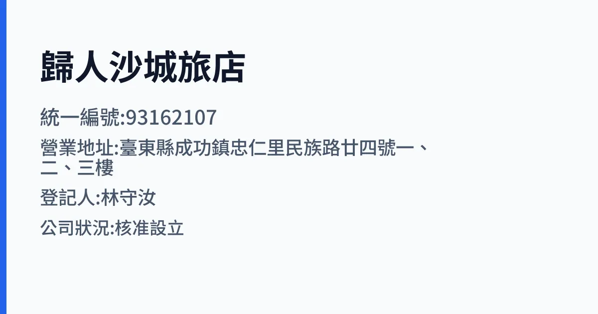 歸人沙城旅店 - 統編 93162107(臺東縣) 公司登記資料與營業項目詳細圖表