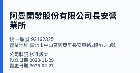 阿曼開發股份有限公司長安營業所的照片-統編 93162325(臺北市) 公司登記資料與營業項目詳細圖表