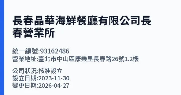 長春晶華海鮮餐廳有限公司長春營業所的照片-統編 93162486(臺北市) 公司登記資料與營業項目詳細圖表