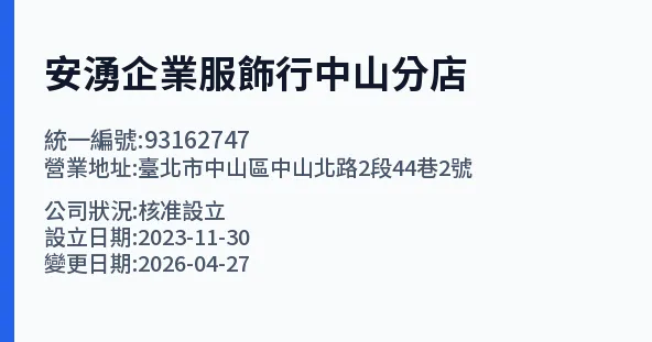 安湧企業服飾行中山分店的照片-統編 93162747(臺北市) 公司登記資料與營業項目詳細圖表