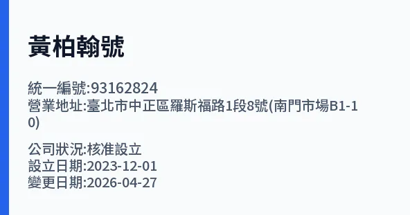 黃柏翰號的照片-統編 93162824(臺北市) 公司登記資料與營業項目詳細圖表