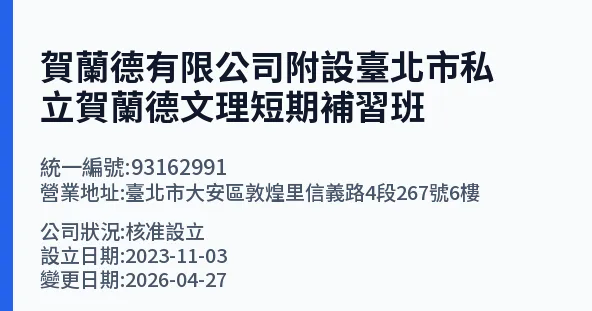 賀蘭德有限公司附設臺北市私立賀蘭德文理短期補習班的照片-統編 93162991(臺北市) 公司登記資料與營業項目詳細圖表
