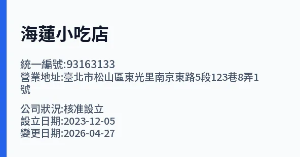 海蓮小吃店的照片-統編 93163133(臺北市) 公司登記資料與營業項目詳細圖表
