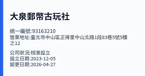 大泉郵幣古玩社的照片-統編 93163210(臺北市) 公司登記資料與營業項目詳細圖表