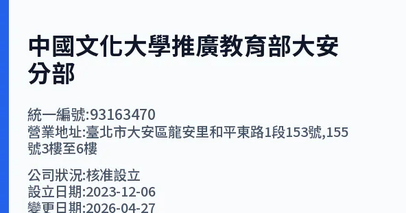 中國文化大學推廣教育部大安分部的照片-統編 93163470(臺北市) 公司登記資料與營業項目詳細圖表