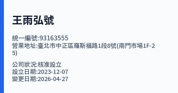 王雨弘號的照片-統編 93163555(臺北市) 公司登記資料與營業項目詳細圖表