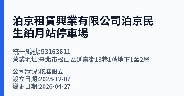 泊京租賃興業有限公司泊京民生鉑月站停車場的照片-統編 93163611(臺北市) 公司登記資料與營業項目詳細圖表