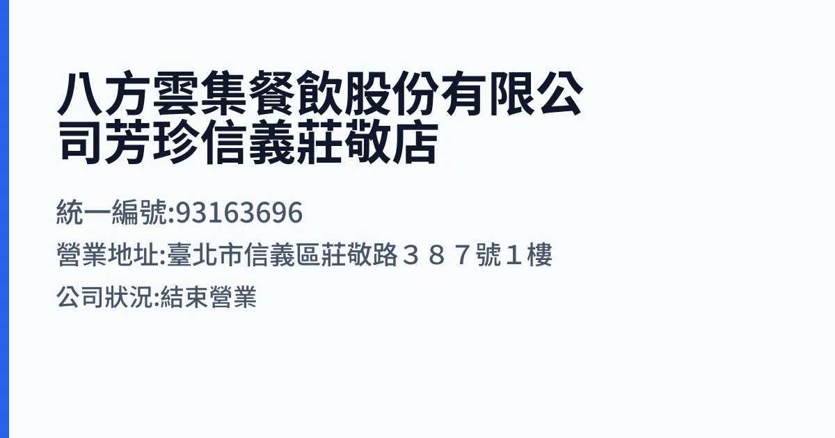 八方雲集餐飲股份有限公司芳珍信義莊敬店 - 統編 93163696(臺北市) 公司登記資料與營業項目詳細圖表