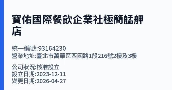 寶佑國際餐飲企業社極簡艋舺店的照片-統編 93164230(臺北市) 公司登記資料與營業項目詳細圖表