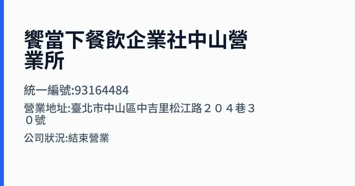 饗當下餐飲企業社中山營業所 - 統編 93164484(臺北市) 公司登記資料與營業項目詳細圖表