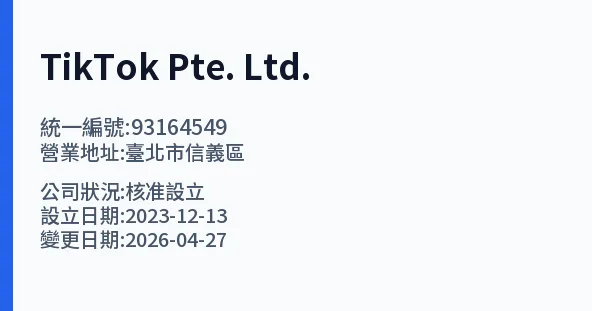 TikTok Pte. Ltd.的照片-統編 93164549(臺北市) 公司登記資料與營業項目詳細圖表