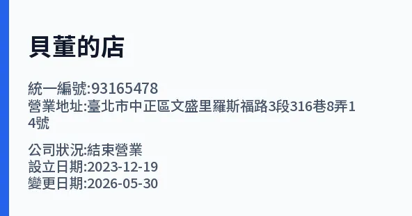 貝董的店的照片-統編 93165478(臺北市) 公司登記資料與營業項目詳細圖表