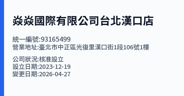 焱焱國際有限公司台北漢口店的照片-統編 93165499(臺北市) 公司登記資料與營業項目詳細圖表