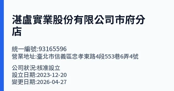 湛盧實業股份有限公司市府分店的照片-統編 93165596(臺北市) 公司登記資料與營業項目詳細圖表