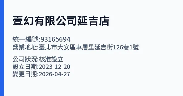 壹幻有限公司延吉店的照片-統編 93165694(臺北市) 公司登記資料與營業項目詳細圖表