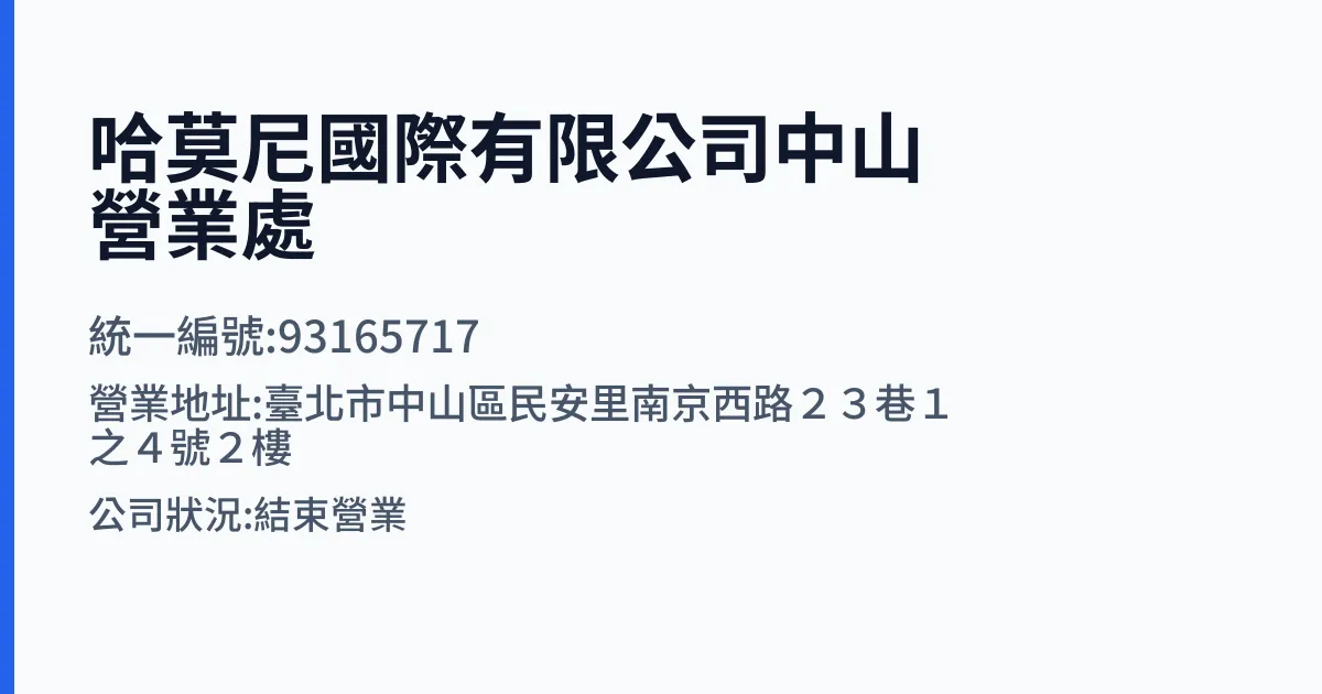 哈莫尼國際有限公司中山營業處 - 統編 93165717(臺北市) 公司登記資料與營業項目詳細圖表